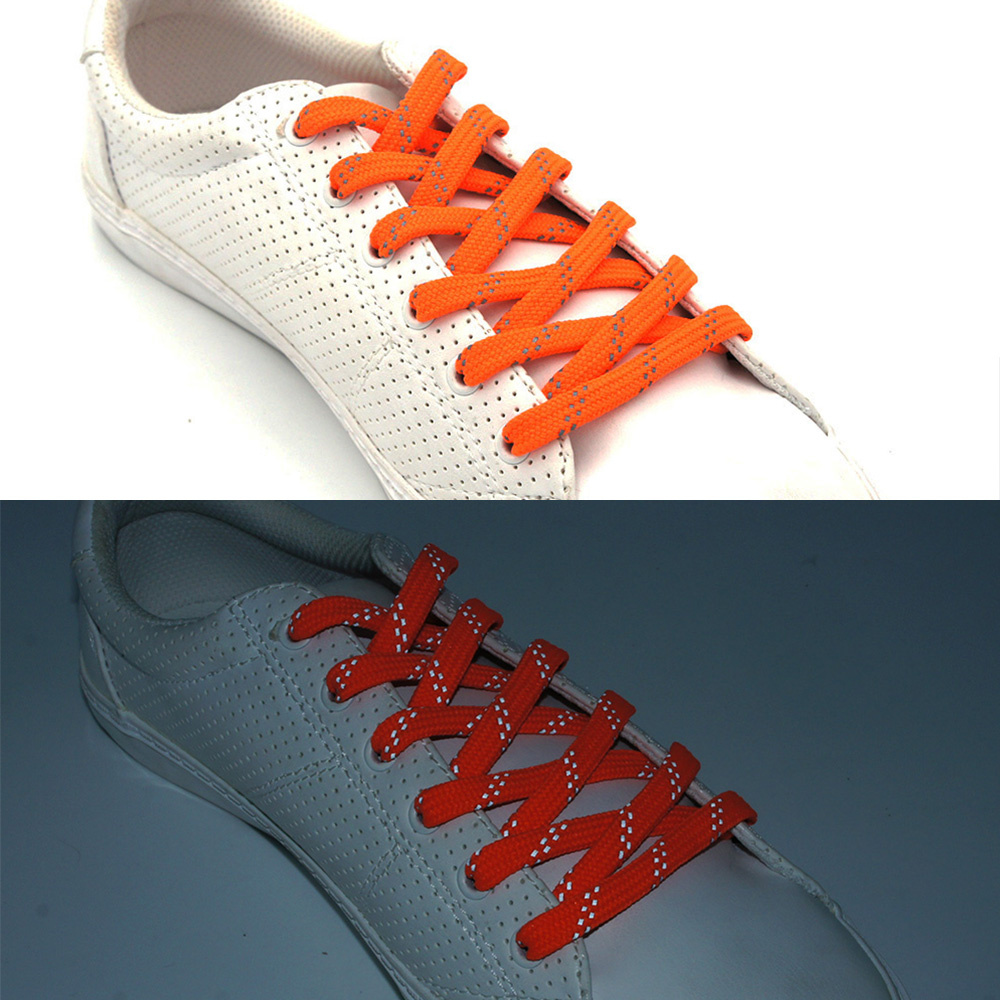 XS49 – Flat Reflective 8mm – Orange Reflective Stripes - KipzKapz Shoelace