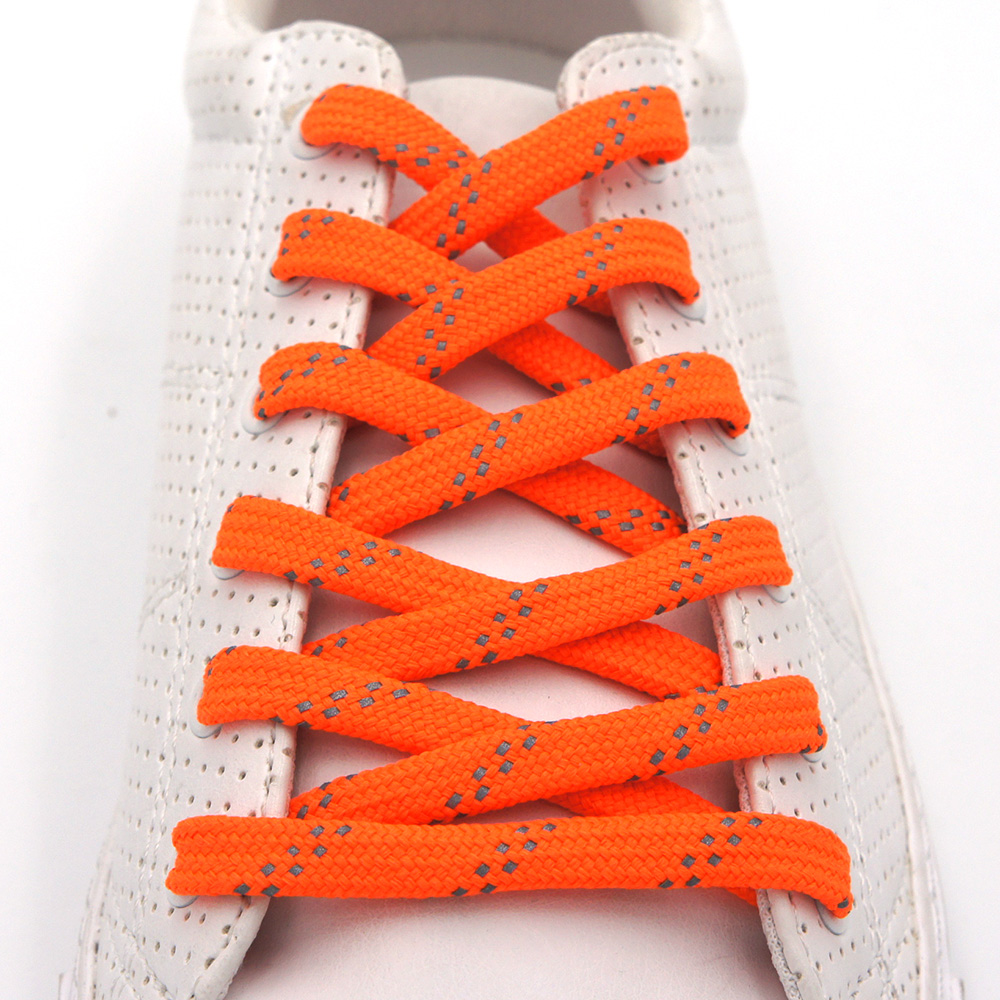 XS49 – Flat Reflective 8mm – Orange Reflective Stripes - KipzKapz Shoelace